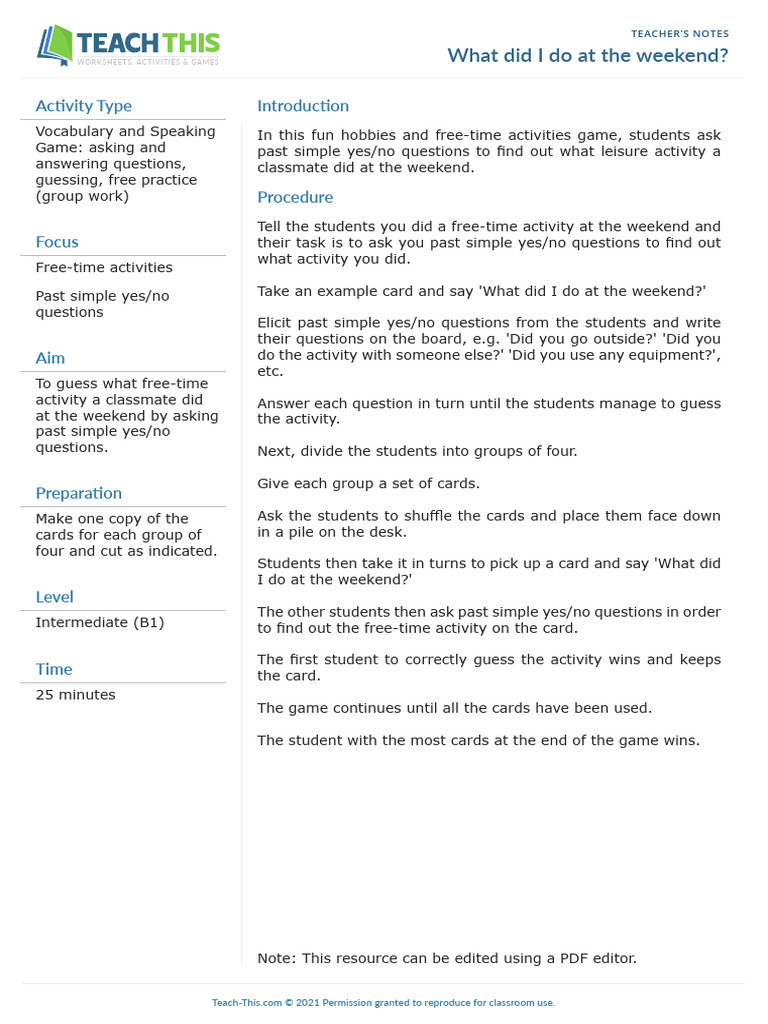 Weekend Activity Guessing Game | PDF | Leisure
