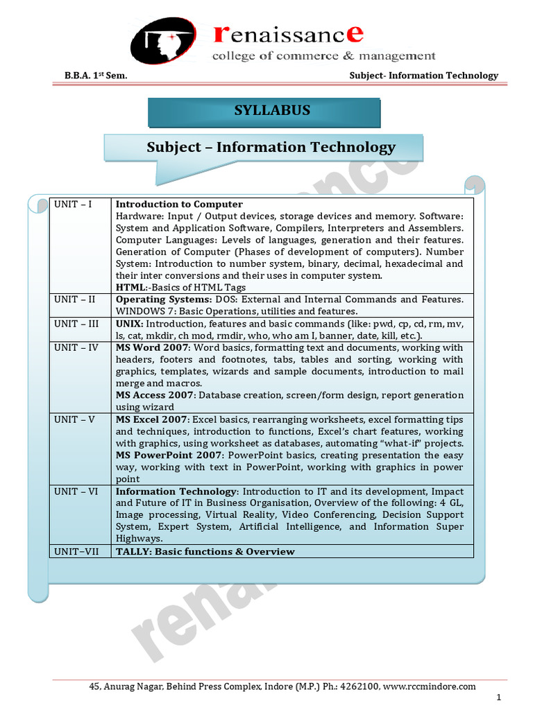 Information Technology 1st Sem - Watermark | PDF | Microsoft Excel ...