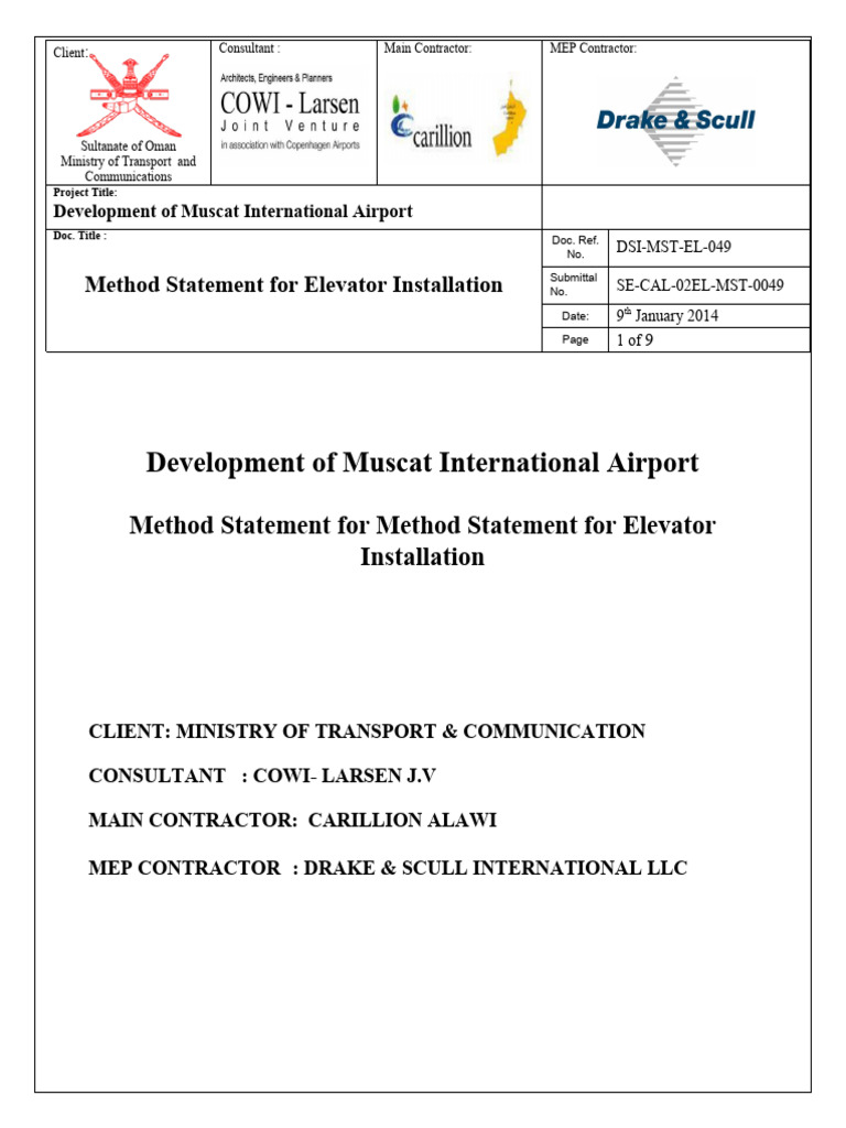 MS Rev. 0method Statement For Elevator Installation | PDF | Quality Assurance | Elevator