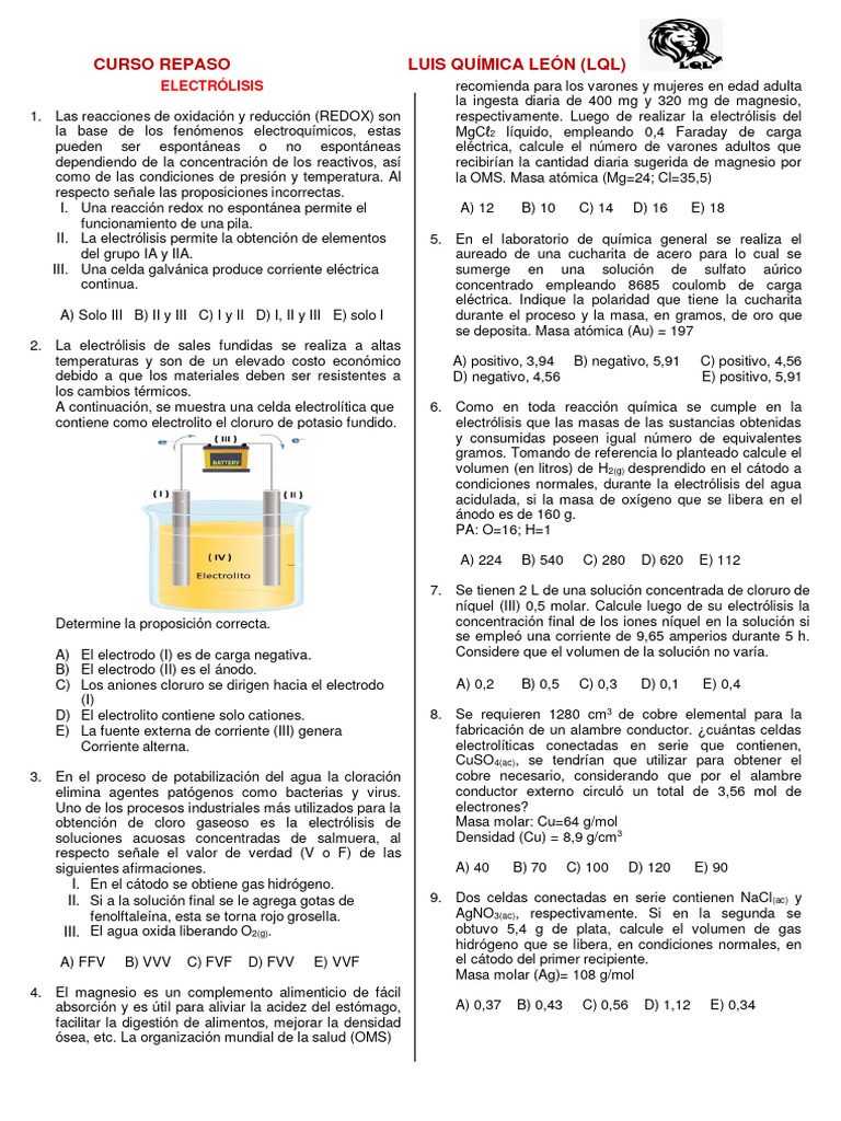 Electrólisis | PDF | Electrólito | Redox