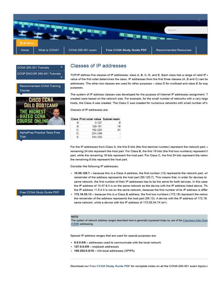 Classes of IP Addresses | PDF | Ip Address | Cisco Certifications