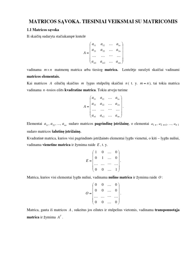 Teorija Ir Pavyzdžiai Matricos Sąvoka Tiesiniai Veiksmai Su Matricomis | PDF