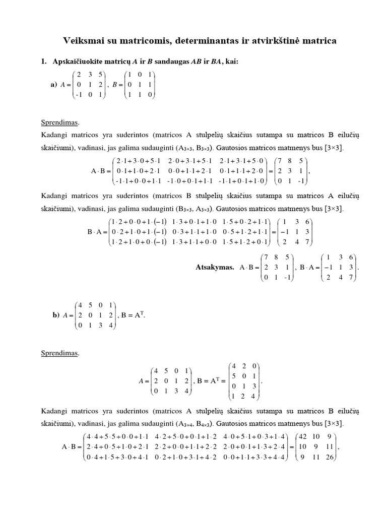 Pratybų Medžiaga Su Sprendimais Atvirkštinė Matrica | PDF