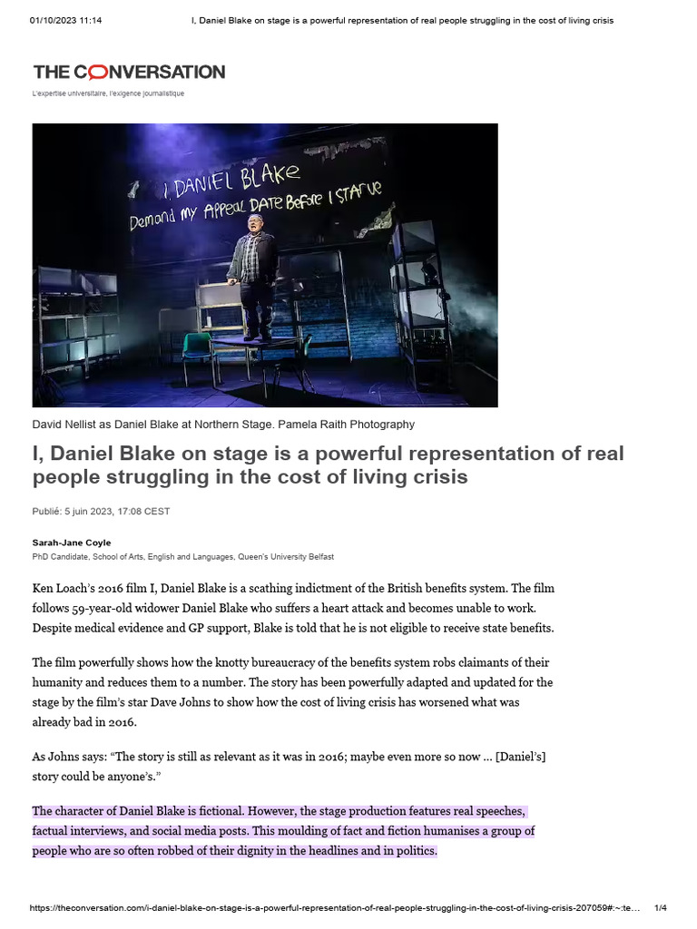 I, Daniel Blake on stage is a powerful representation of real people struggling in the cost of ...