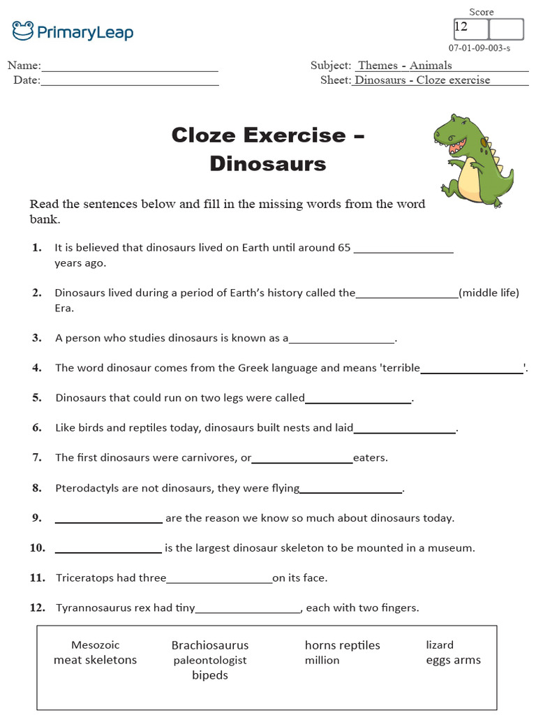 Cloze Activity Dinosaurs Fun Activities Games Reading Comprehension ...