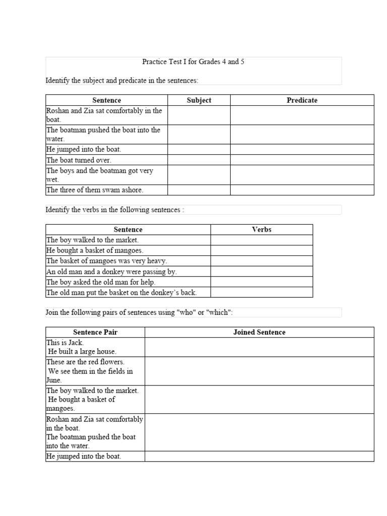 English Grammar PRACTICE TEST GRADES 4 AND 5 | PDF