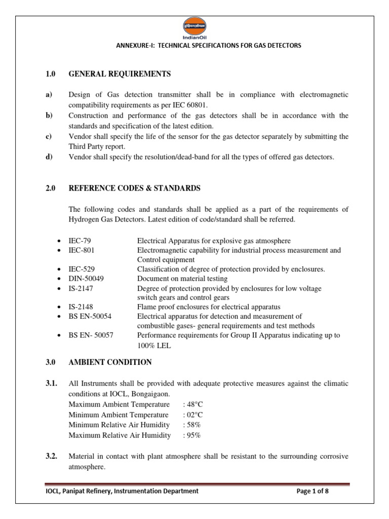 Technical Spec For Gas Detectors | PDF | Sensor | Specification (Technical Standard)