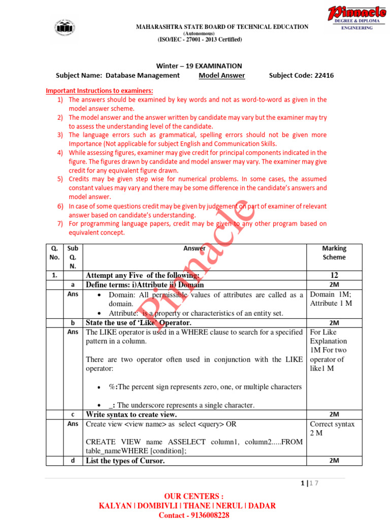 DCC 2019 Winter Model Answer Paper | PDF | Sql | Databases