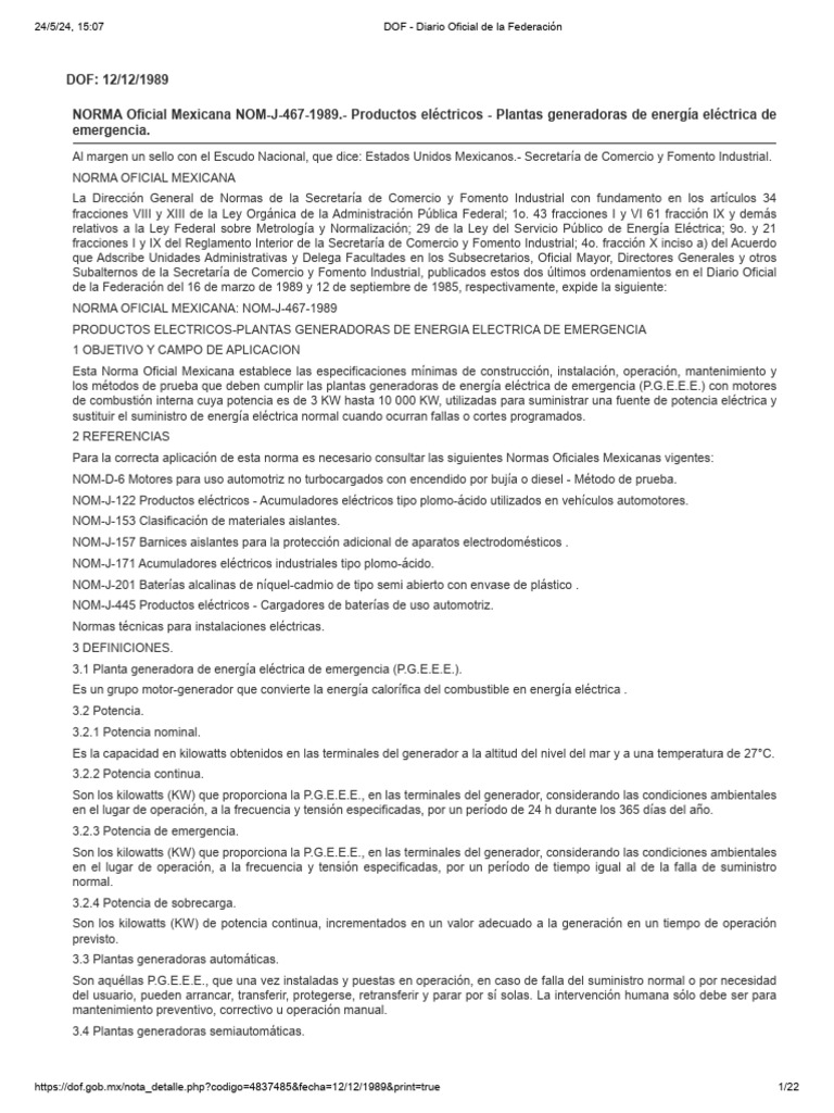 NOM-J-467-1989 Productos Eléctricos - Plantas Generadoras de Energía Eléctrica de Emergencia ...