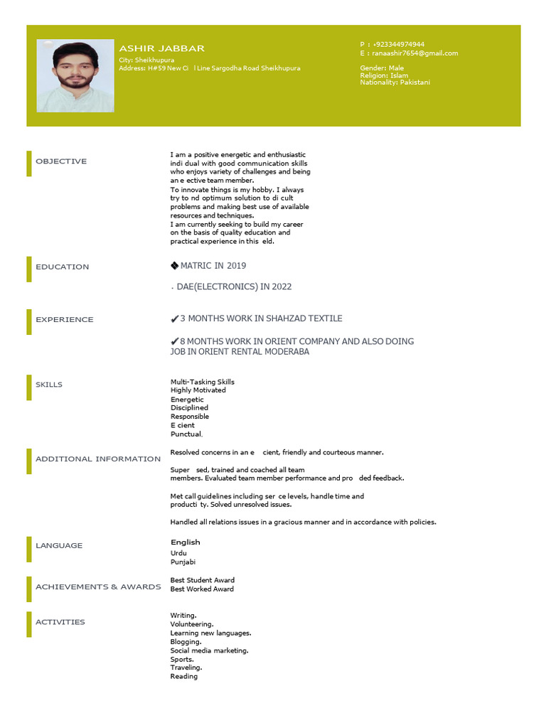 Ashir CV | PDF | Cognition | Human Communication