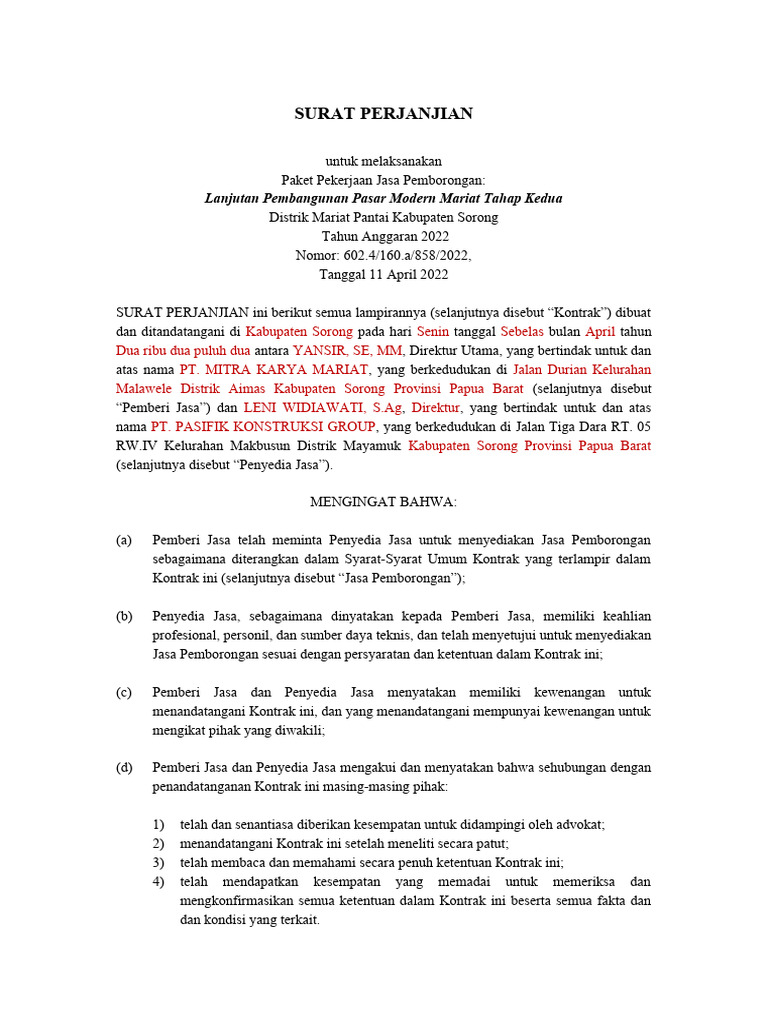 SURAT PERJANJIAN CONTOH SUBCON | PDF