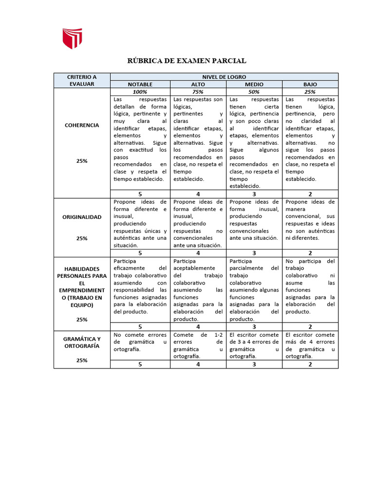 Rúbrica de Examen Parcial (7 y 8) | PDF