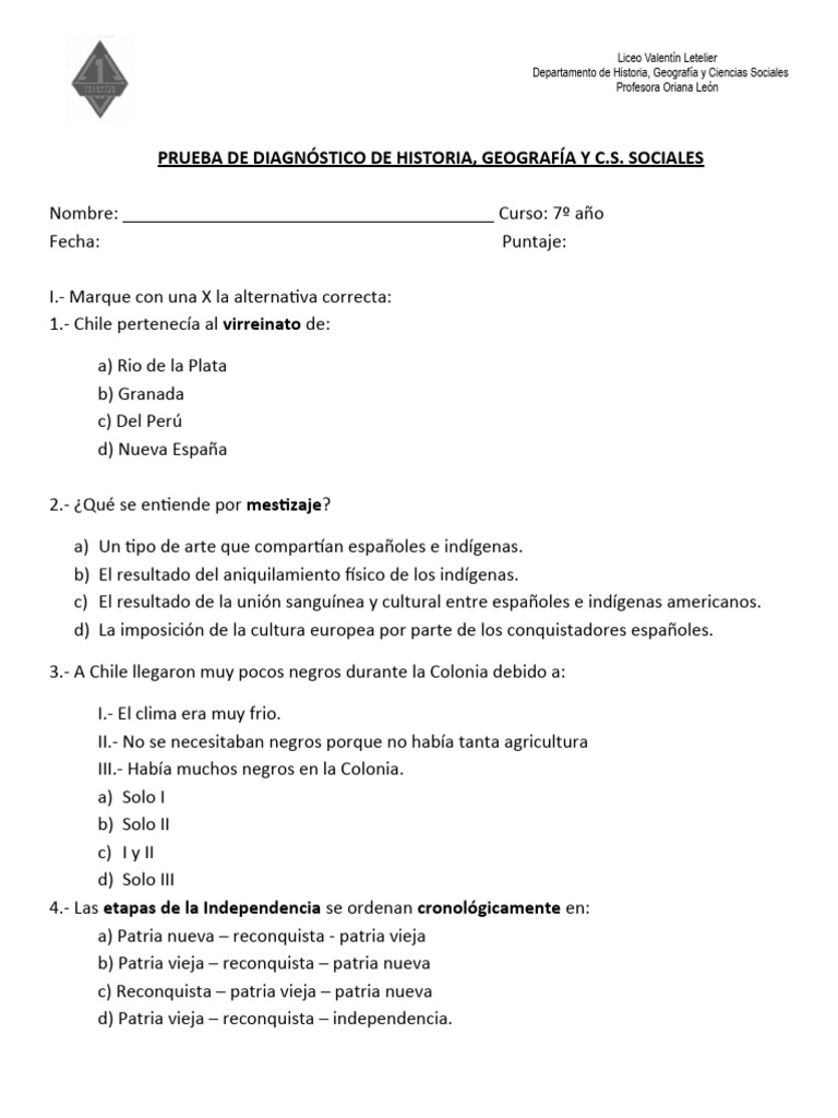 Prueba de Diagnostico Sexto Basico | PDF | América del Sur