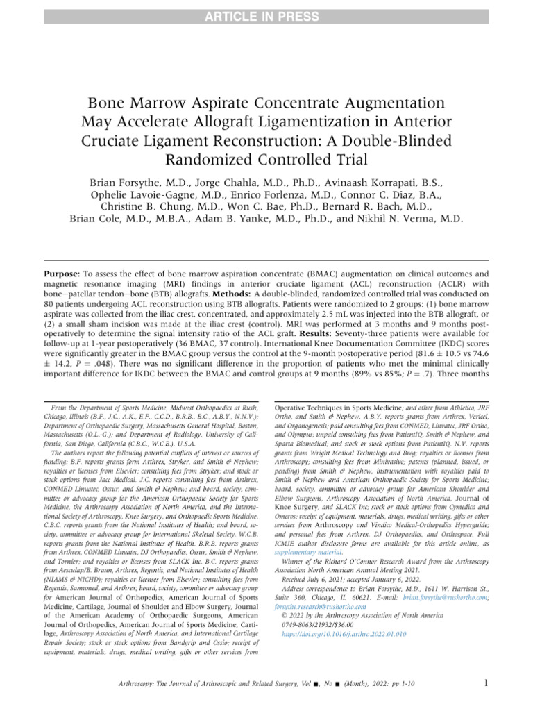 Acl Reconstruction With Bone Tendon Bone Allografts Improved With Bmac ...