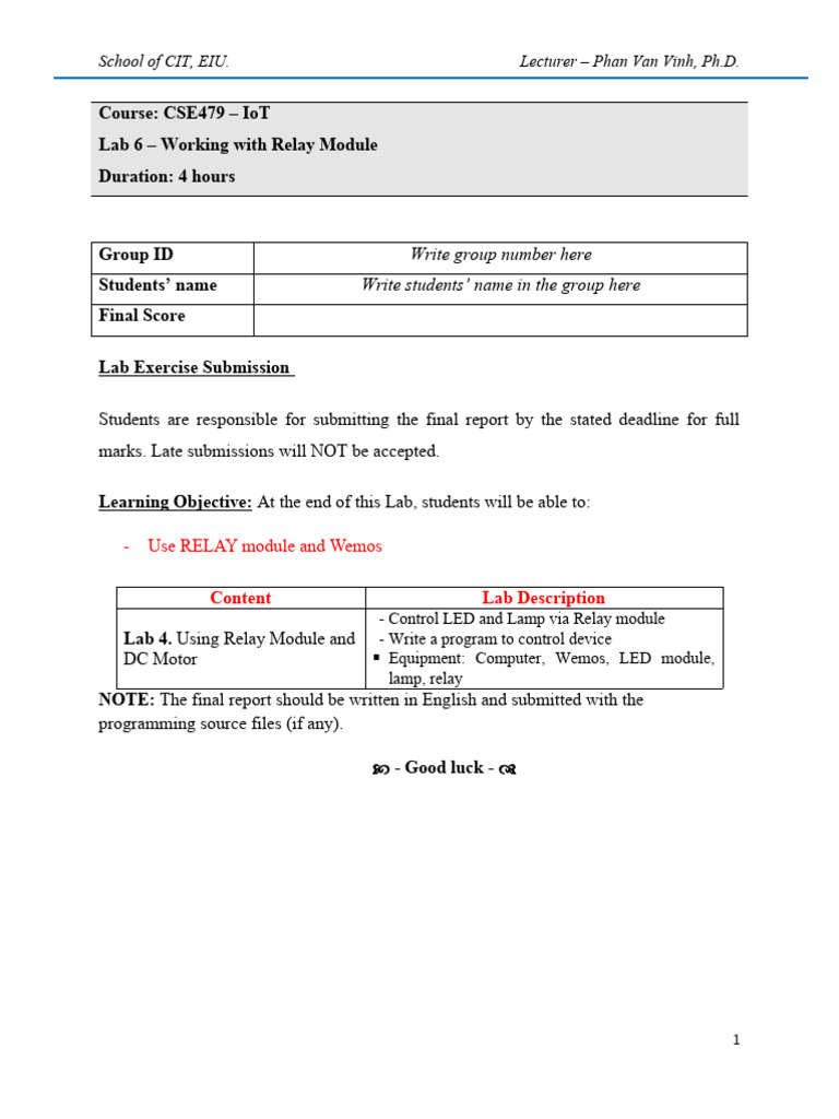 Lab 6 Using Relay Module Pdf Arduino Relay