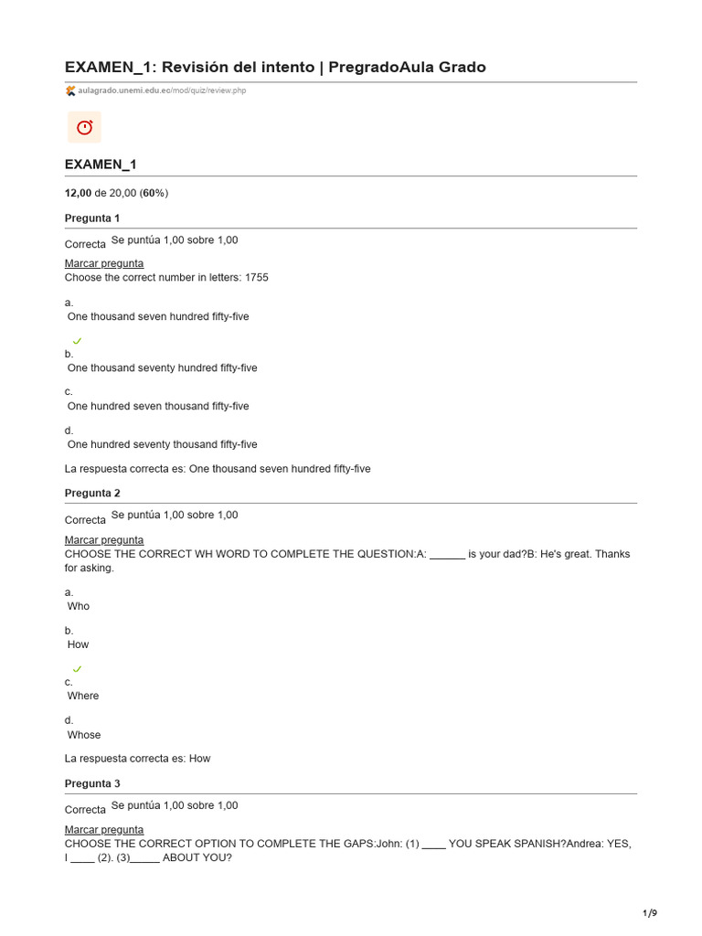 Aulagrado - Unemi.edu - Ec-EXAMEN - 1 Revisión Del Intento PregradoAula Grado | PDF