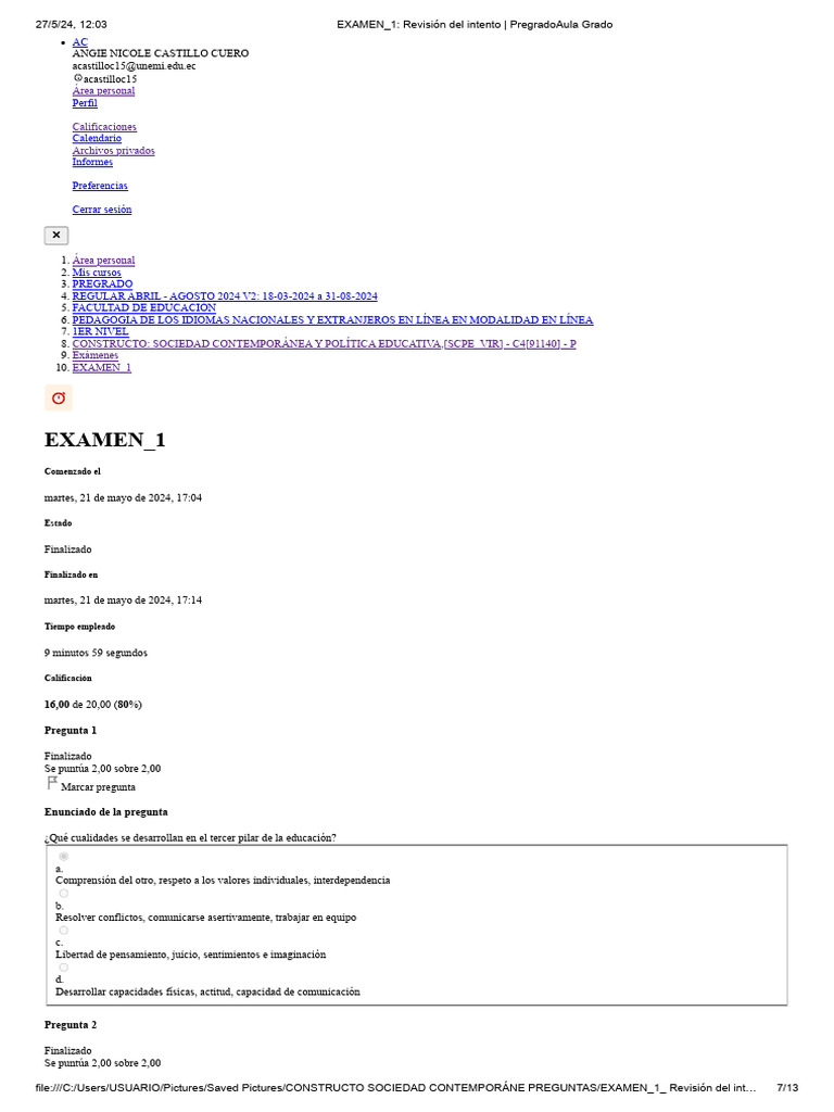 EXAMEN - 1 - Revisión Del Intento - PregradoAula Grado | PDF