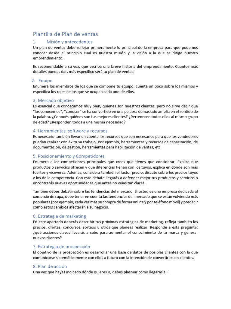 Explicativo - Plantilla de Plan de Ventas | PDF | Iniciativa empresarial | Mercado (economía)