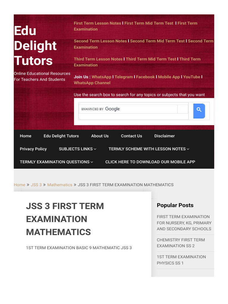 Jss 3 First Term Examination Mathematics - Edu Delight Tutors | PDF ...