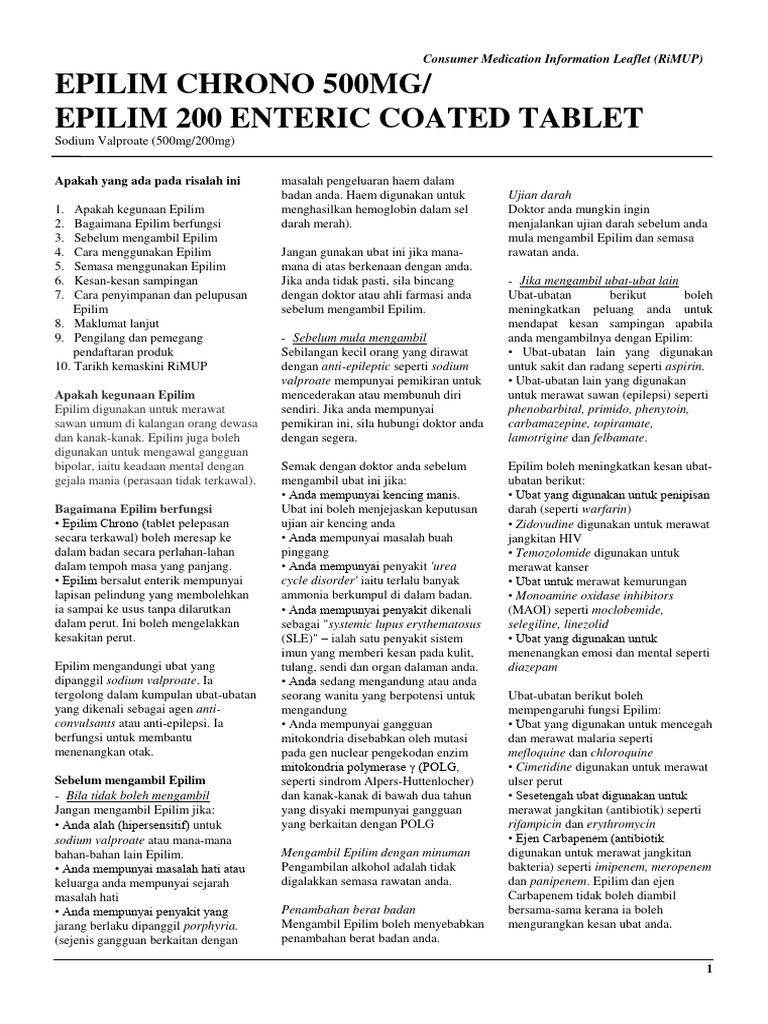 Epilim Chrono 500mg Epilim 200 Enteric Coated Tablet Sodium Valproate ...