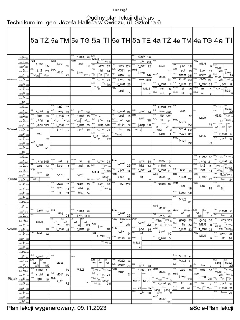 Plan lekcji dla klas technikum | PDF