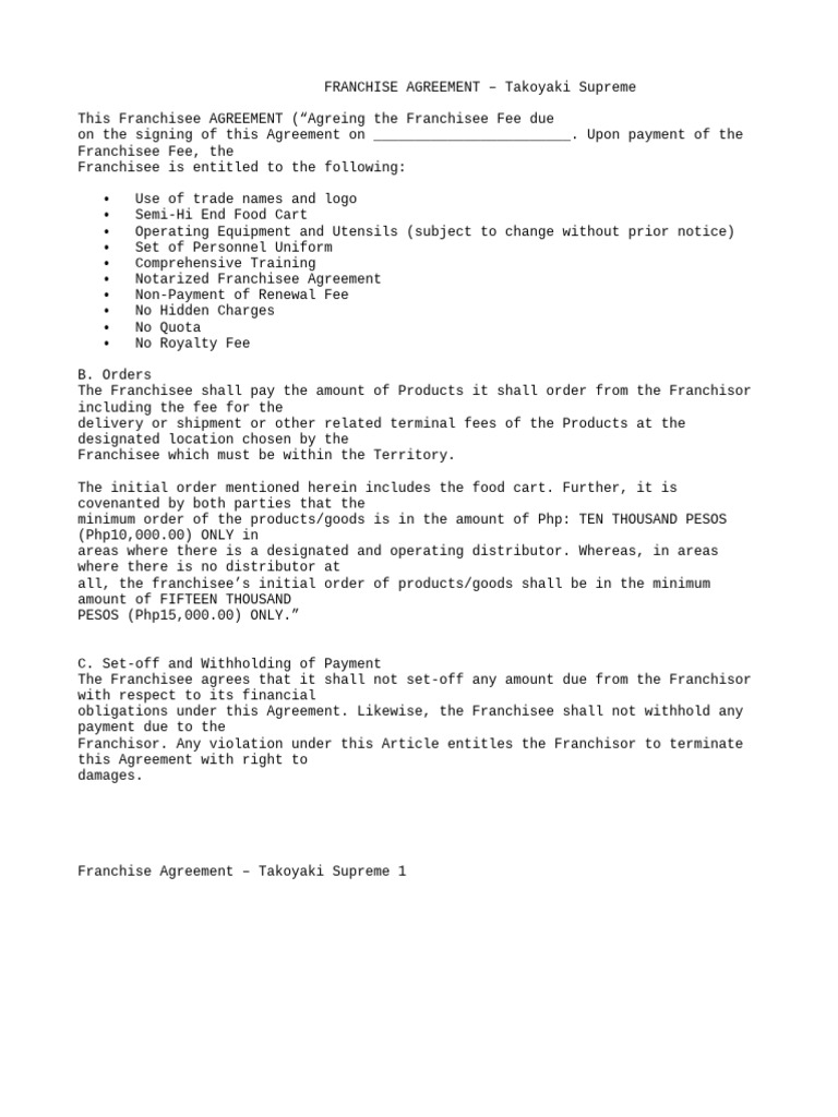 Takoyaki Supreme Franchise Agreement | PDF | Franchising | Arbitration
