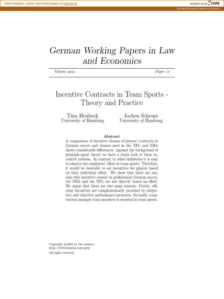 German Working Papers in Law and Economics: Incentive Contracts in Team ...