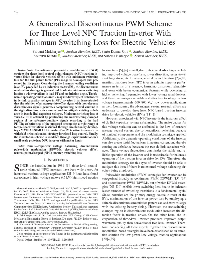 2-A Generalized Discontinuous PWM Scheme For Three-Level NPC Traction Inverter With Minimum ...