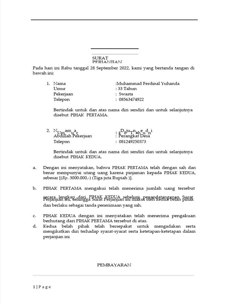 PDF Contoh Surat Perjanjian Utang Piutang | PDF | Hukum