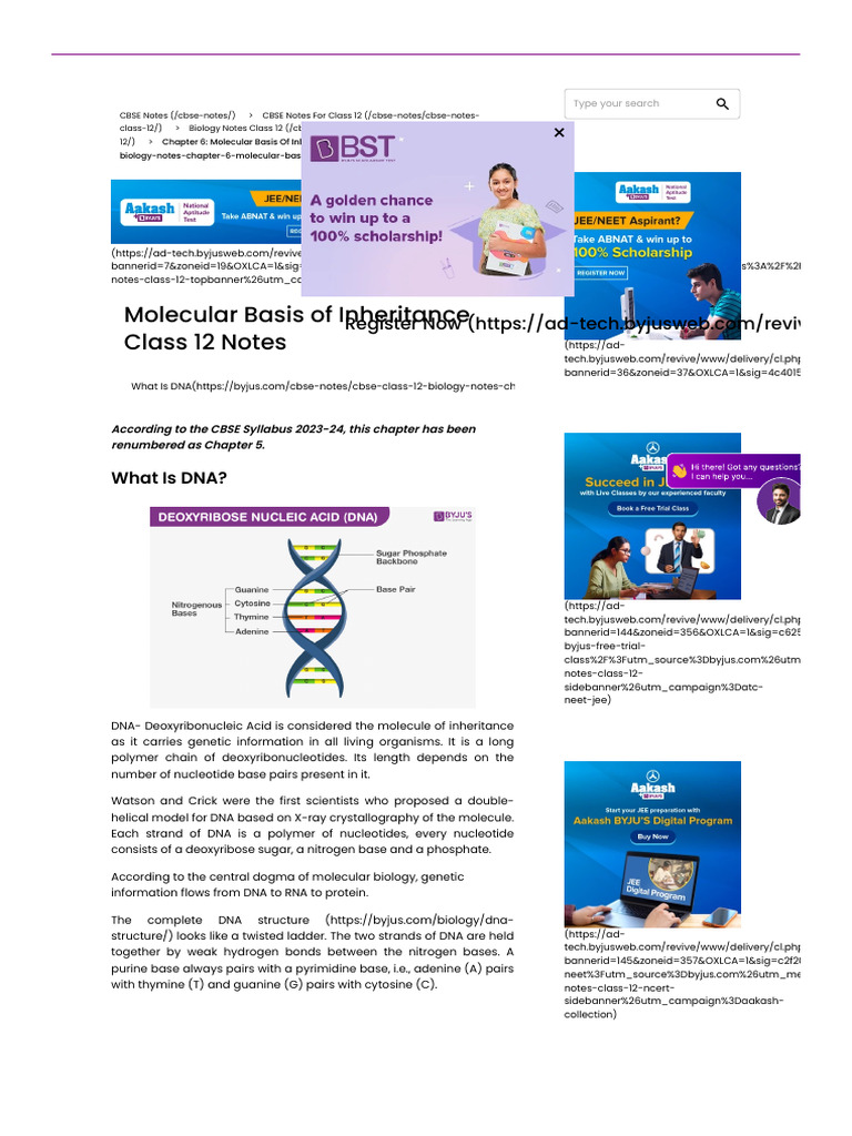 Molecular Basis of Inheritance For Class 12 Chapter 6 Biology Notes ...