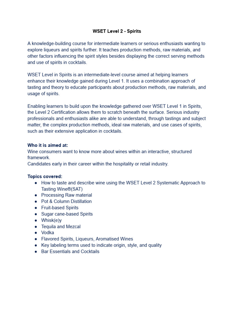 WSET Level 2 - Spirits | PDF | Cooking, Food & Wine