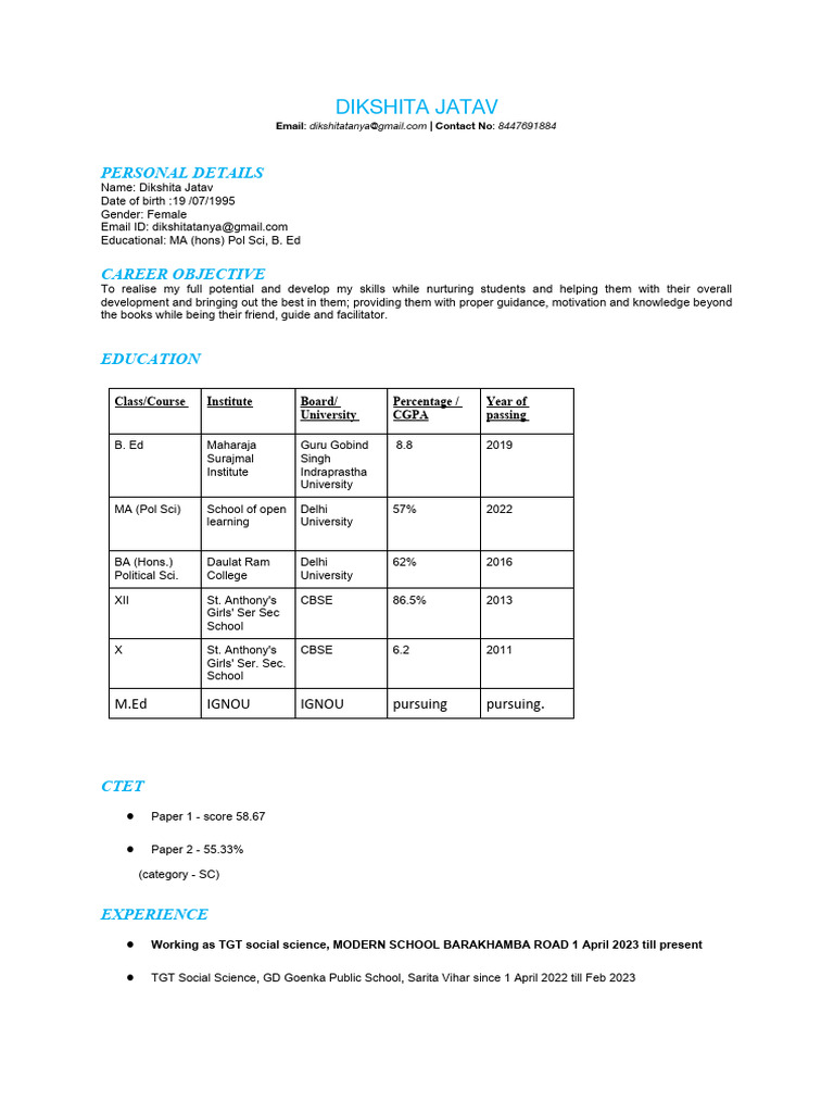 Cv Dikshitajatav Ssc 2024 Gnword Final | PDF | Behavior Modification | Learning