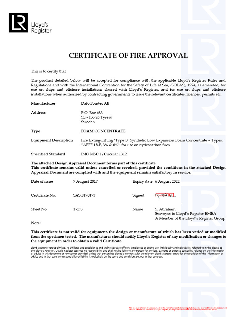 MSC.1312 CERTIFICATE of FIRE APPROVAL | PDF