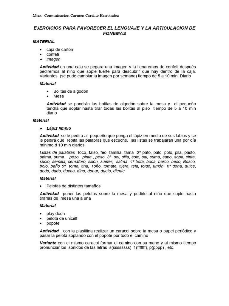 EJERCICIOS PARA FAVORECER LA ARTICULACION DE FONEMAS | Descargar gratis ...