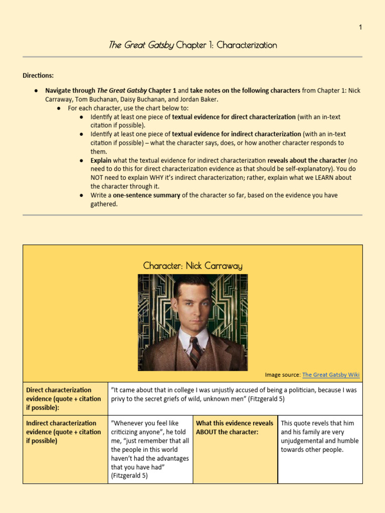 Great Gatsby Chapter 1 Character Analysis | PDF | The Great Gatsby