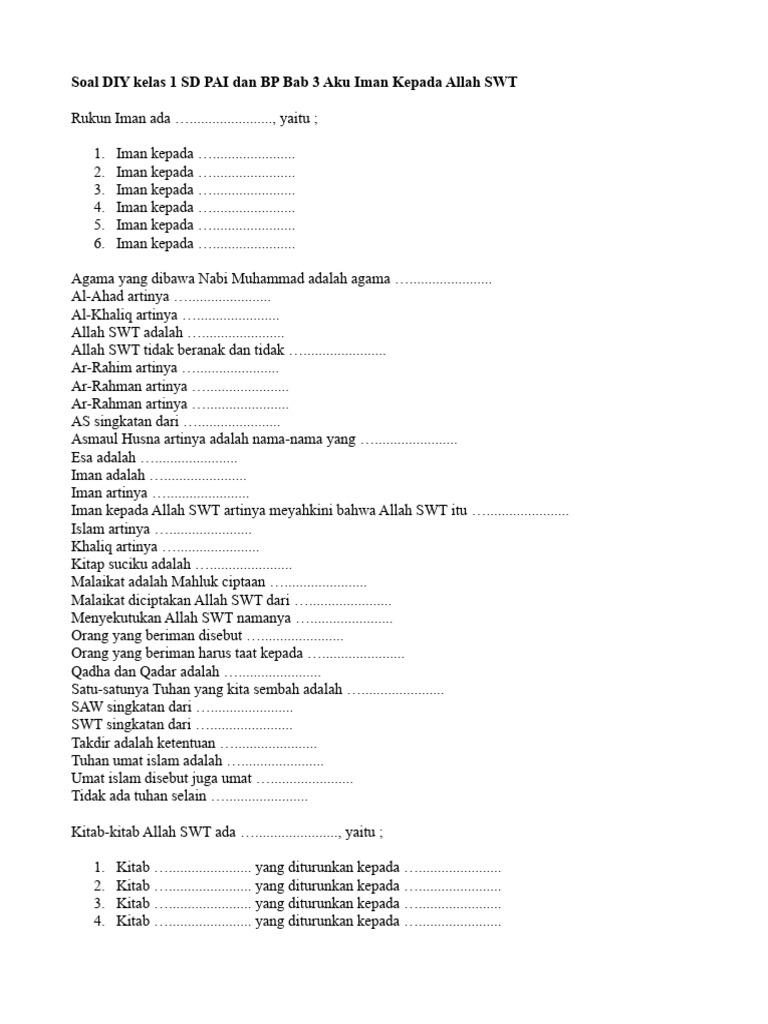 Soal DIY Kelas 1 SD PAI Dan BP Bab 3 Aku Iman Kepada Allah SWT 01 | PDF
