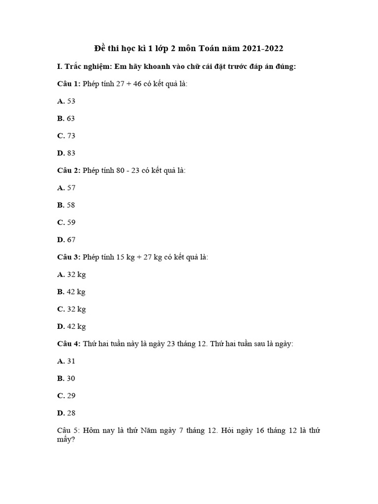 De Thi Hoc Ki 1 Lop 2 Mon Toan Canh Dieu de 3 | PDF