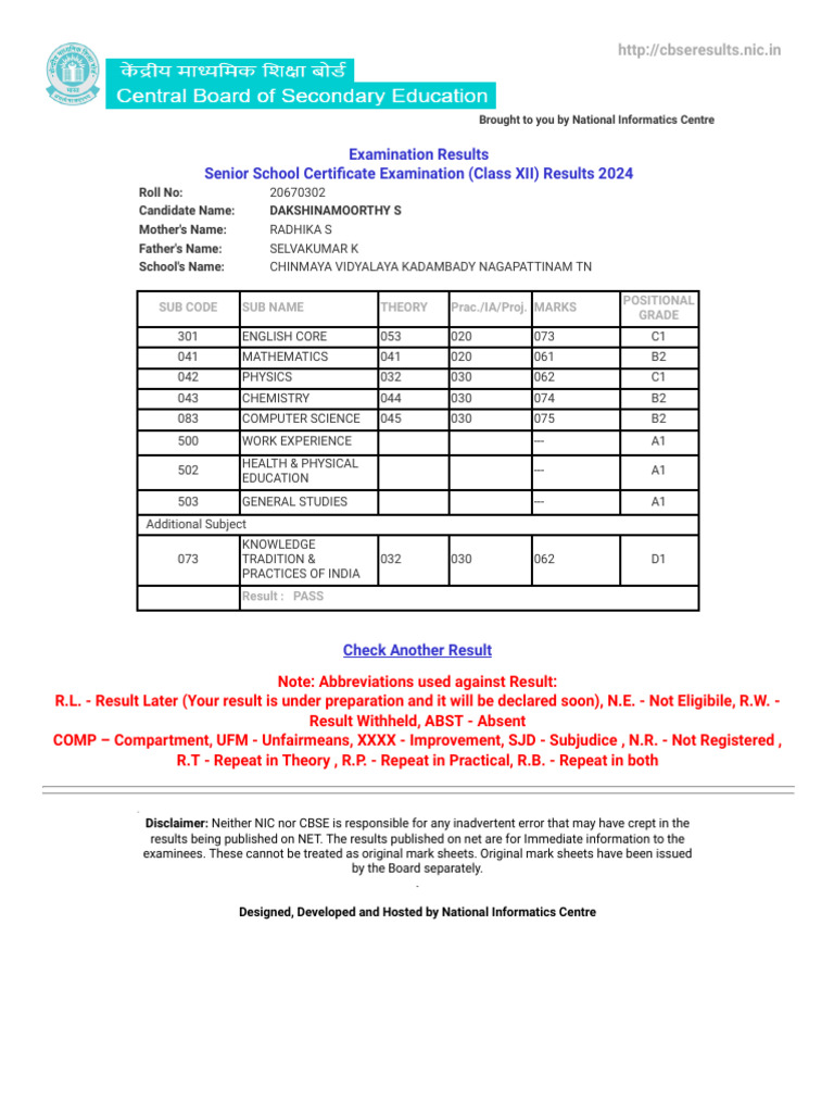CBSE - Senior School Certificate Examination (Class XII) Results 2024 ...