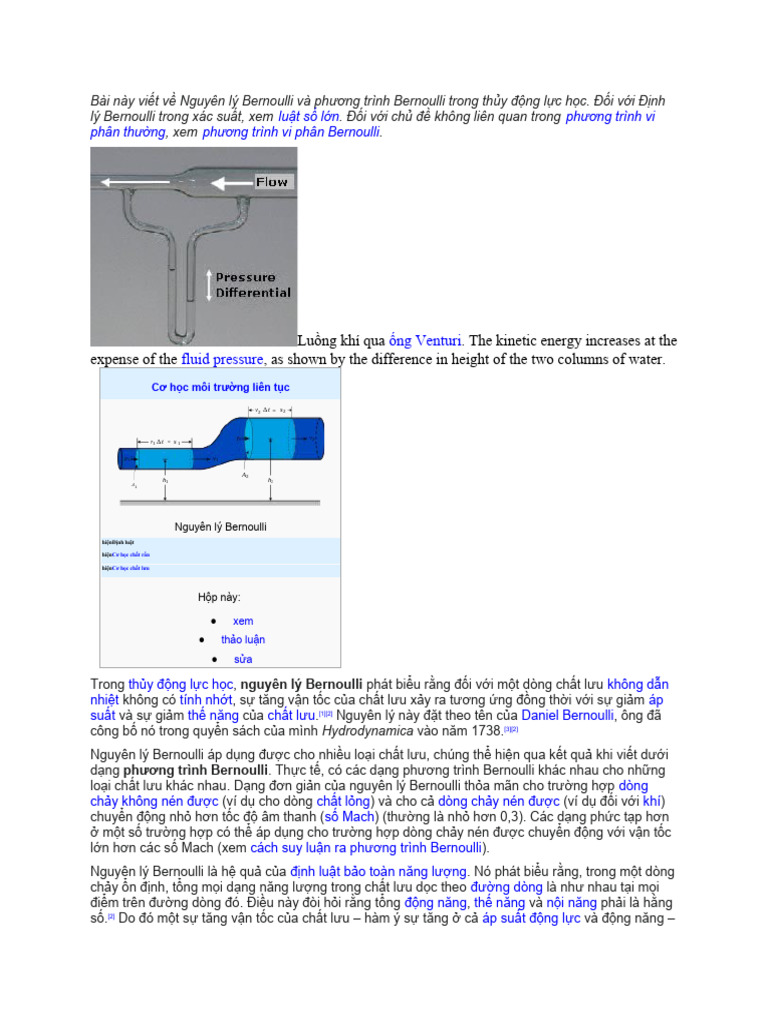 Bài này viết về Nguyên lý Bernoulli và phương trình Bernoulli trong thủy động lực học | PDF