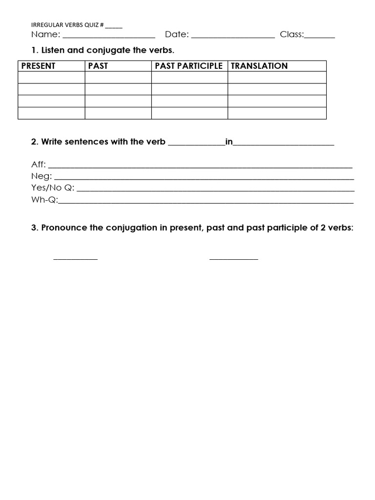 Irregular Verbs Quiz Template | PDF