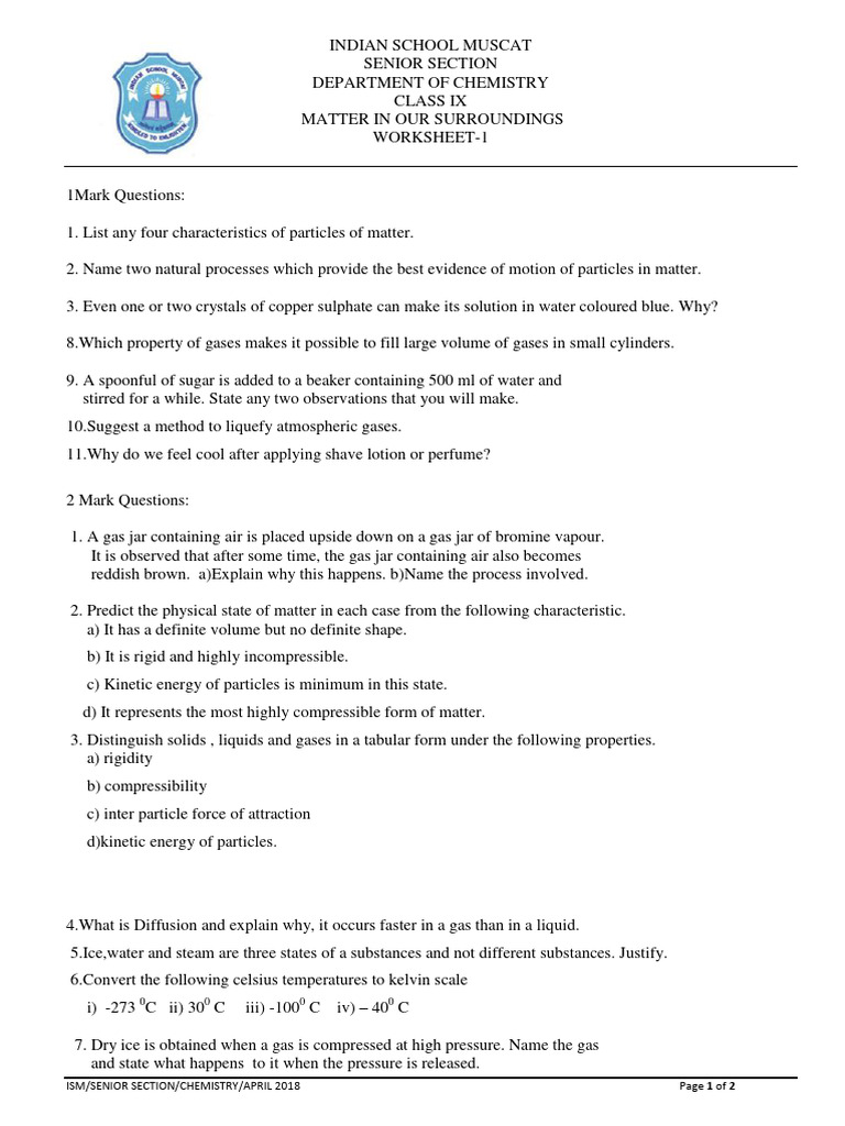 Class Ix Chemistry Matter in Our Surrounding Worksheet 1 2018-19 | PDF ...