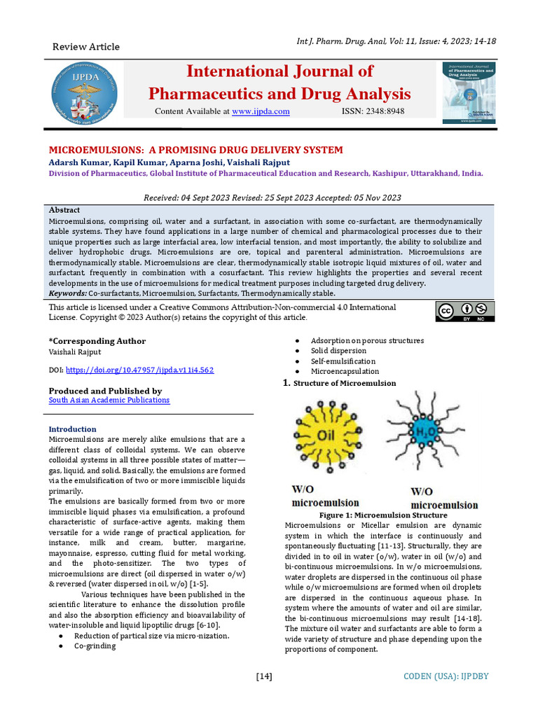 Microemulsions A Promising Drug Delivery System | PDF | Emulsion ...
