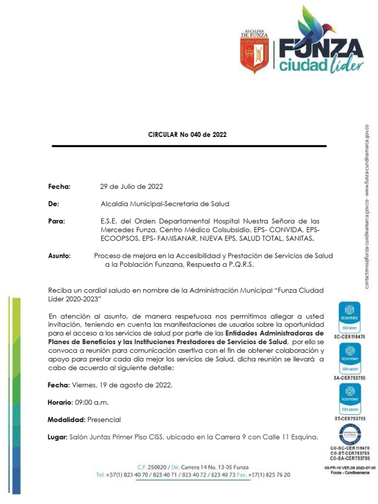 CIRCULAR 040 de 2022 Accesibilidad - Prestacion de Servicios de Salud A La Población Funzana ...