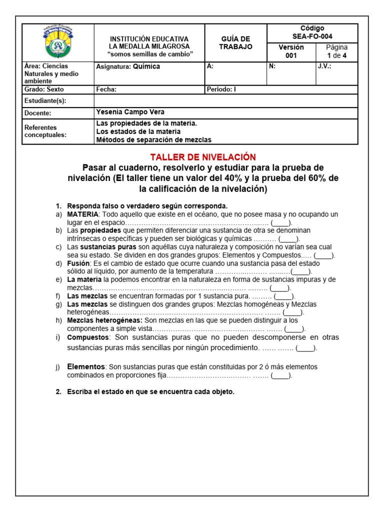 Taller Nivelacion Primer Periodo Quimica Pdf Mezcla Sustancias