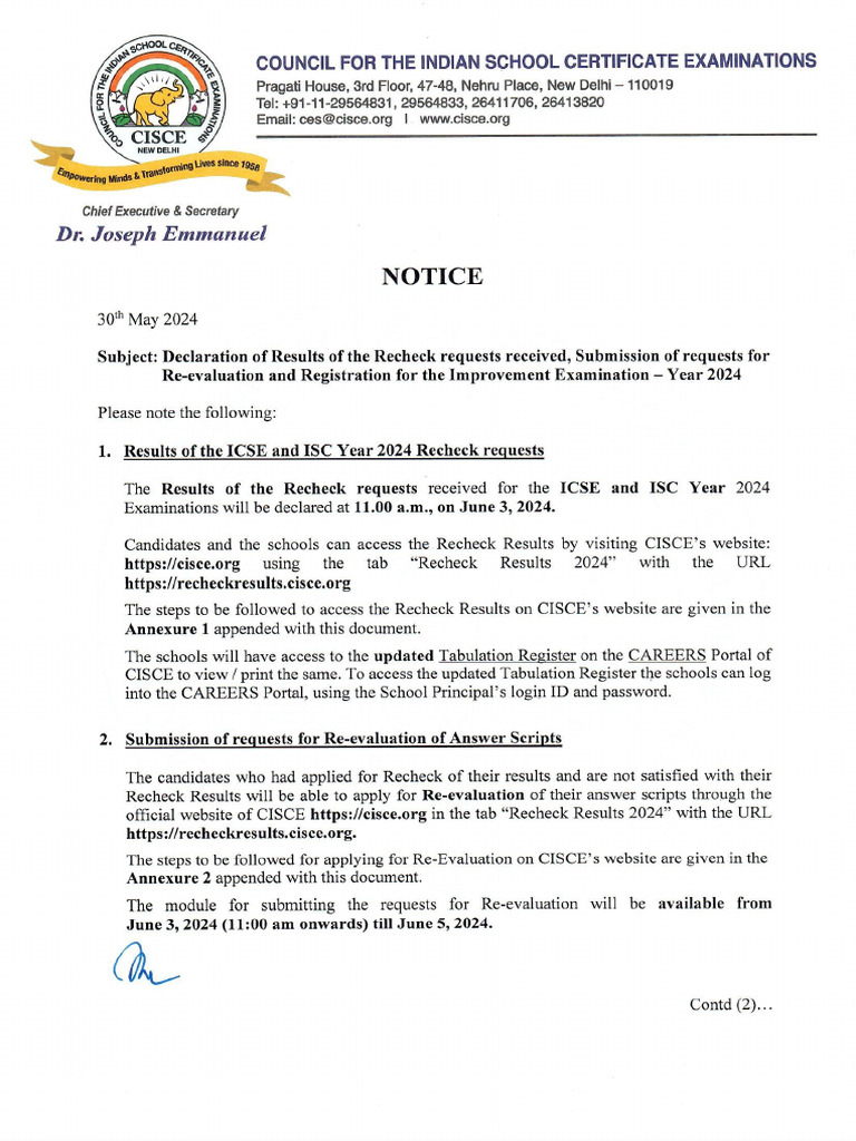 Notice ICSE and ISC Recheck Re Evaluatin and Improvement 2024 | PDF