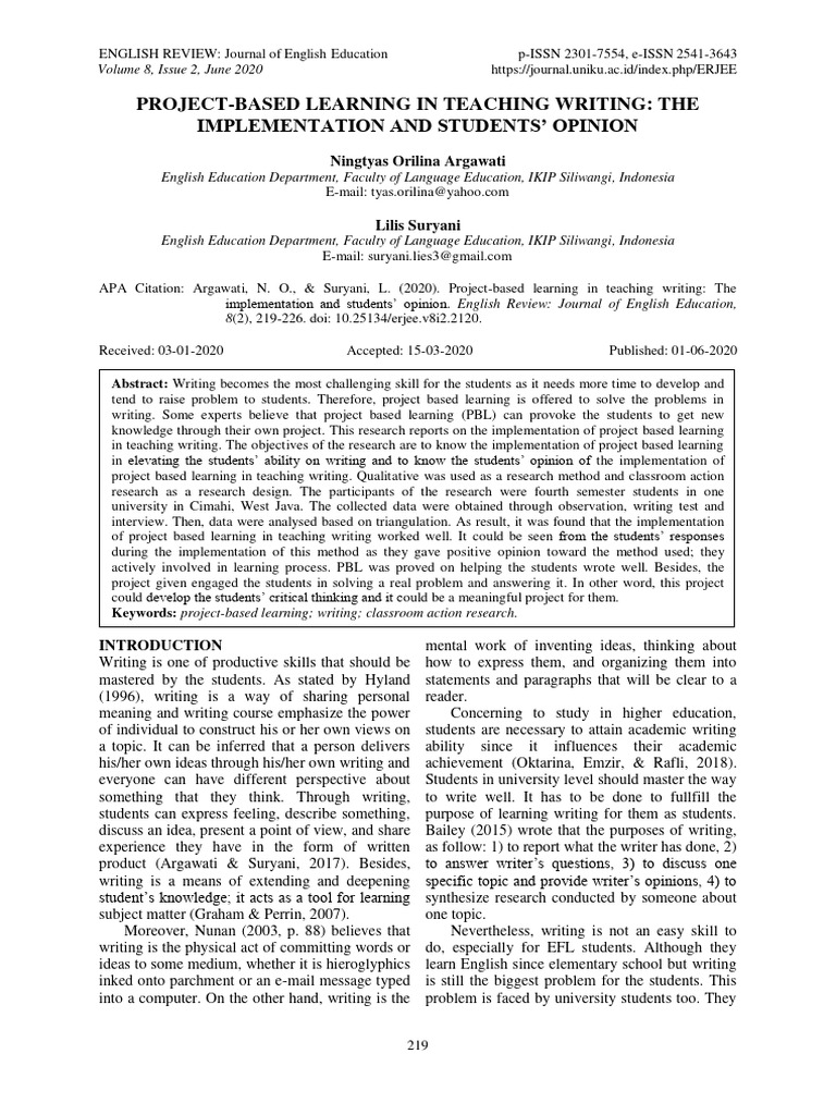Project-Based Learning in Teaching Writing: The Implementation and Students' Opinion | PDF ...