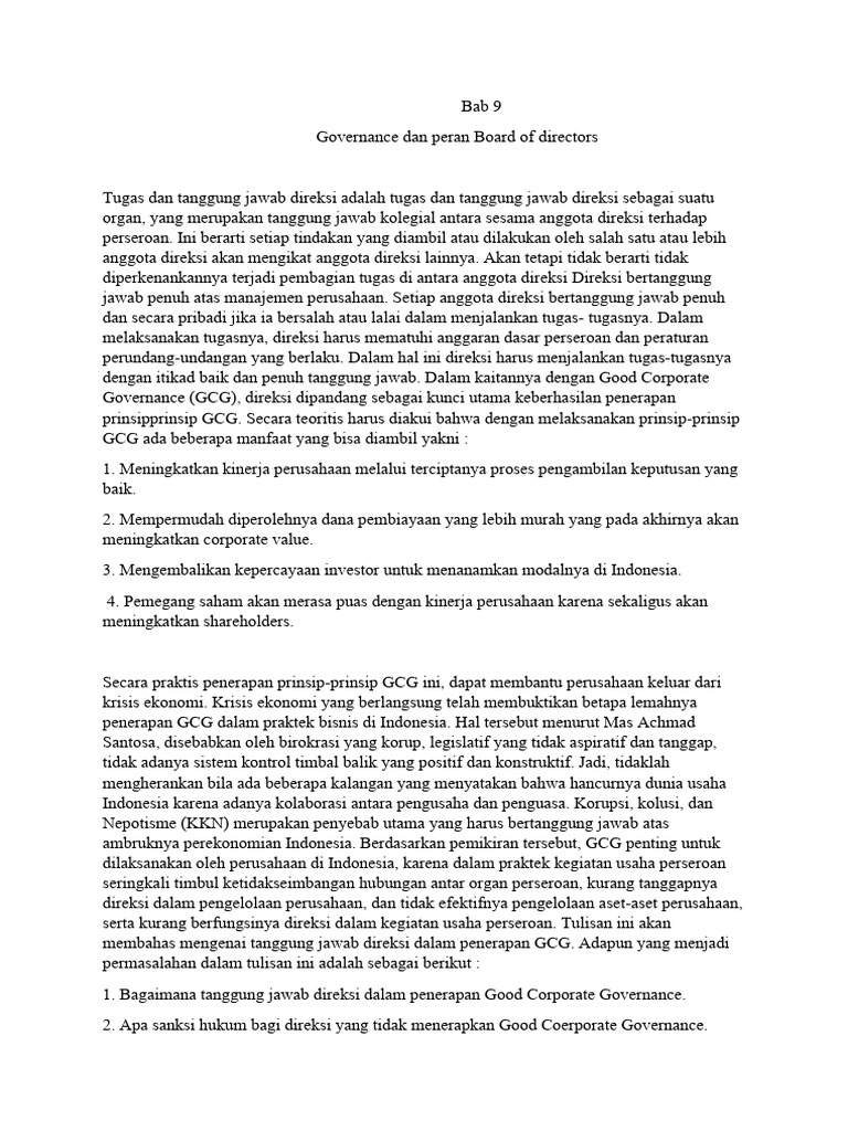 Tugas Rangkuman Cg Bab 9 Governance Dan Peran Board Of Directors Pdf