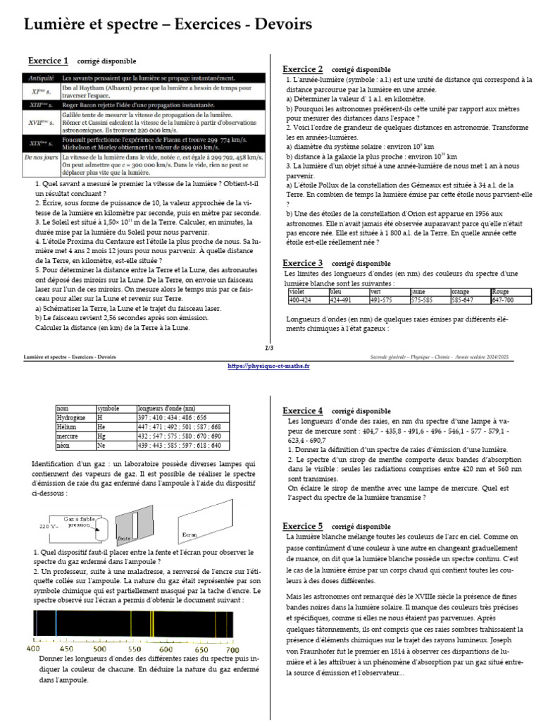 Exercices sur le spectre lumineux en seconde | PDF | Spectre ...