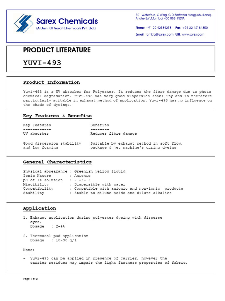 YUVI-493: Sarex Chemicals | PDF | Dyeing | Polyester