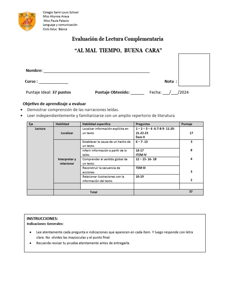 Lectura Complementario Al Mal Tiempo Buena Cara 3ro | PDF